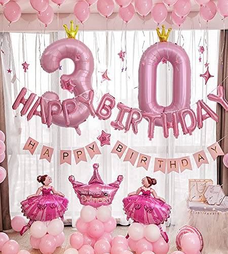 KEYYOOMY 40 in Big Number 30 Mylar Balloons with Crown (Number 30, 40 in, Pink Color)