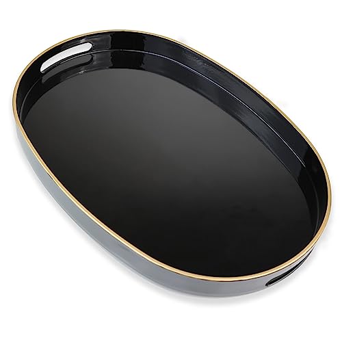 Omuriko Black Oval Decorative Tray with Handles, Versatile Serving Tray for Coffee Table, Ottoman, Ideal for Serving, Displaying, Organizing