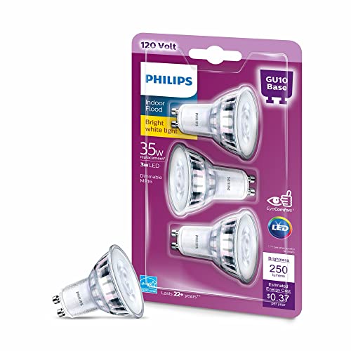 PHILIPS LED Flicker-Free GU10 Bulb, 250 Lumen, Bright White Light (3000K), 3W=35W, Title 20 Certified, 3-Pack