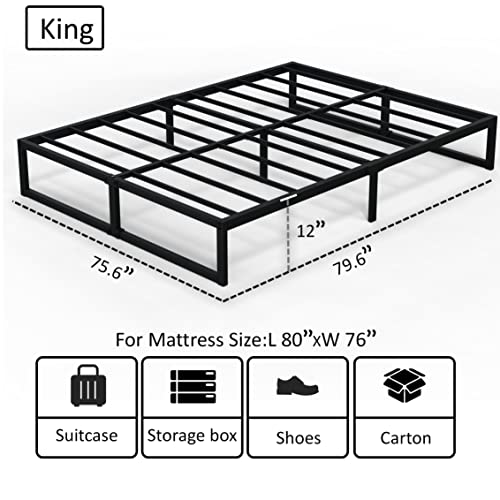 EMODA 12 Inch King Size Bed Frame No Box Spring Needed, Heavy Duty Metal Platform with Steel Slats, Noise Free, Easy Assembly, Black