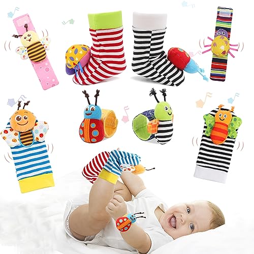 Newborn Baby Soft Rattle, Hand Bracelet Wrist Rattle Toy Foot Finder Sock, Arm Leg Babies Development Toys for Infant Bebe Boy & Girl (MG-8 PCS)