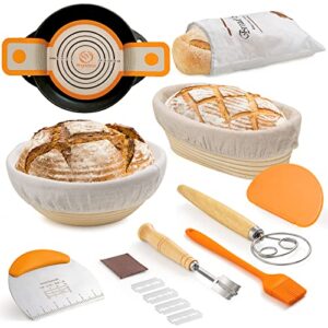 banneton bread proofing basket set, 10 inch oval & 9 inch round sourdough bread baking supplies with linen liner, silicone bread sling, danish dough whisk, bread lame, bowl scraper,dough scraper kit