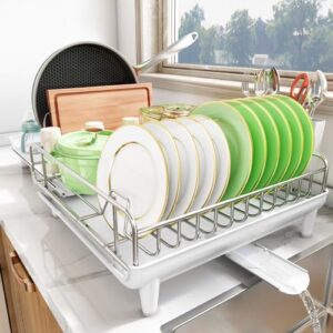 Dish Drying Rack, Expandable Dish Racks for Kitchen Counter with Versatile Pot Pan Rack, Large Stainless Steel Dish Drainers with Utensil Holder, White