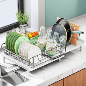 Dish Drying Rack, Expandable Dish Racks for Kitchen Counter with Versatile Pot Pan Rack, Large Stainless Steel Dish Drainers with Utensil Holder, White