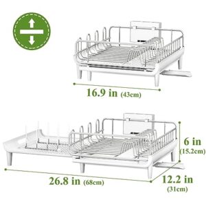 Dish Drying Rack, Expandable Dish Racks for Kitchen Counter with Versatile Pot Pan Rack, Large Stainless Steel Dish Drainers with Utensil Holder, White