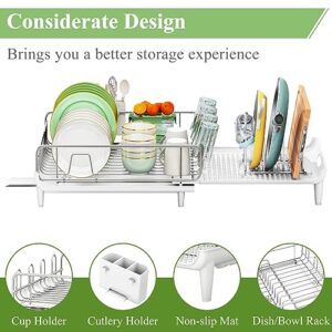 Dish Drying Rack, Expandable Dish Racks for Kitchen Counter with Versatile Pot Pan Rack, Large Stainless Steel Dish Drainers with Utensil Holder, White