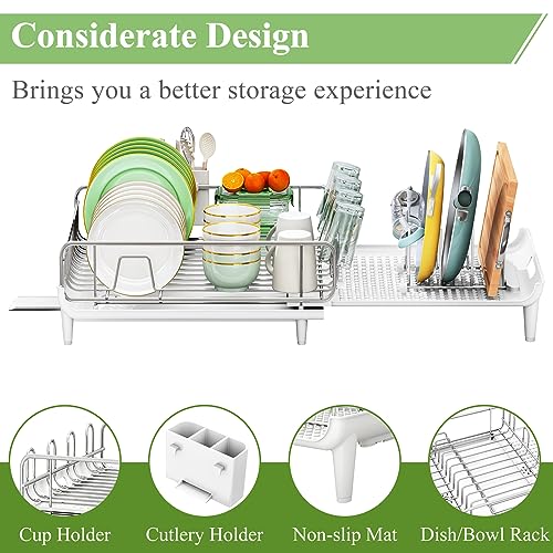 Dish Drying Rack, Expandable Dish Racks for Kitchen Counter with Versatile Pot Pan Rack, Large Stainless Steel Dish Drainers with Utensil Holder, White