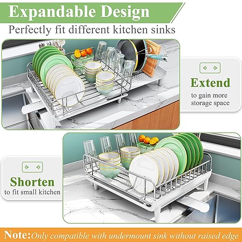 Dish Drying Rack, Expandable Dish Racks for Kitchen Counter with Versatile Pot Pan Rack, Large Stainless Steel Dish Drainers with Utensil Holder, White