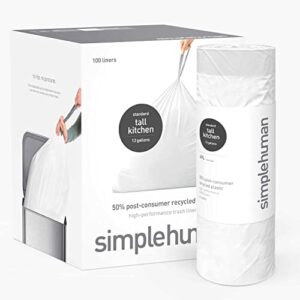 simplehuman extra strong tall kitchen 13 gallon drawstring trash bags, 50% pcr content, 100 count (pack of 1)