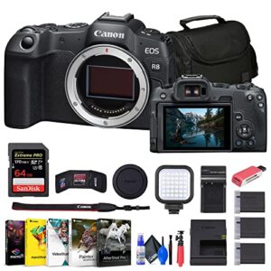 canon eos r8 mirrorless camera (5803c002) + rode videomic + 64gb memory card + corel photo software + bag + charger + 2 x lpe17 batteries + card reader + led light + flex tripod + more (renewed)