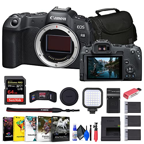 Canon EOS R8 Mirrorless Camera (5803C002) + Rode VideoMic + 64GB Memory Card + Corel Photo Software + Bag + Charger + 2 x LPE17 Batteries + Card Reader + LED Light + Flex Tripod + More (Renewed)