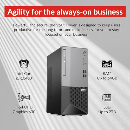 Lenovo V50t Gen 2 Business Tower Desktop, Intel Core i5-10400, 32GB RAM, 1TB SSD, DVD-RW, HDMI, RJ-45, DP, Wi-Fi, Windows 11 Pro, Black