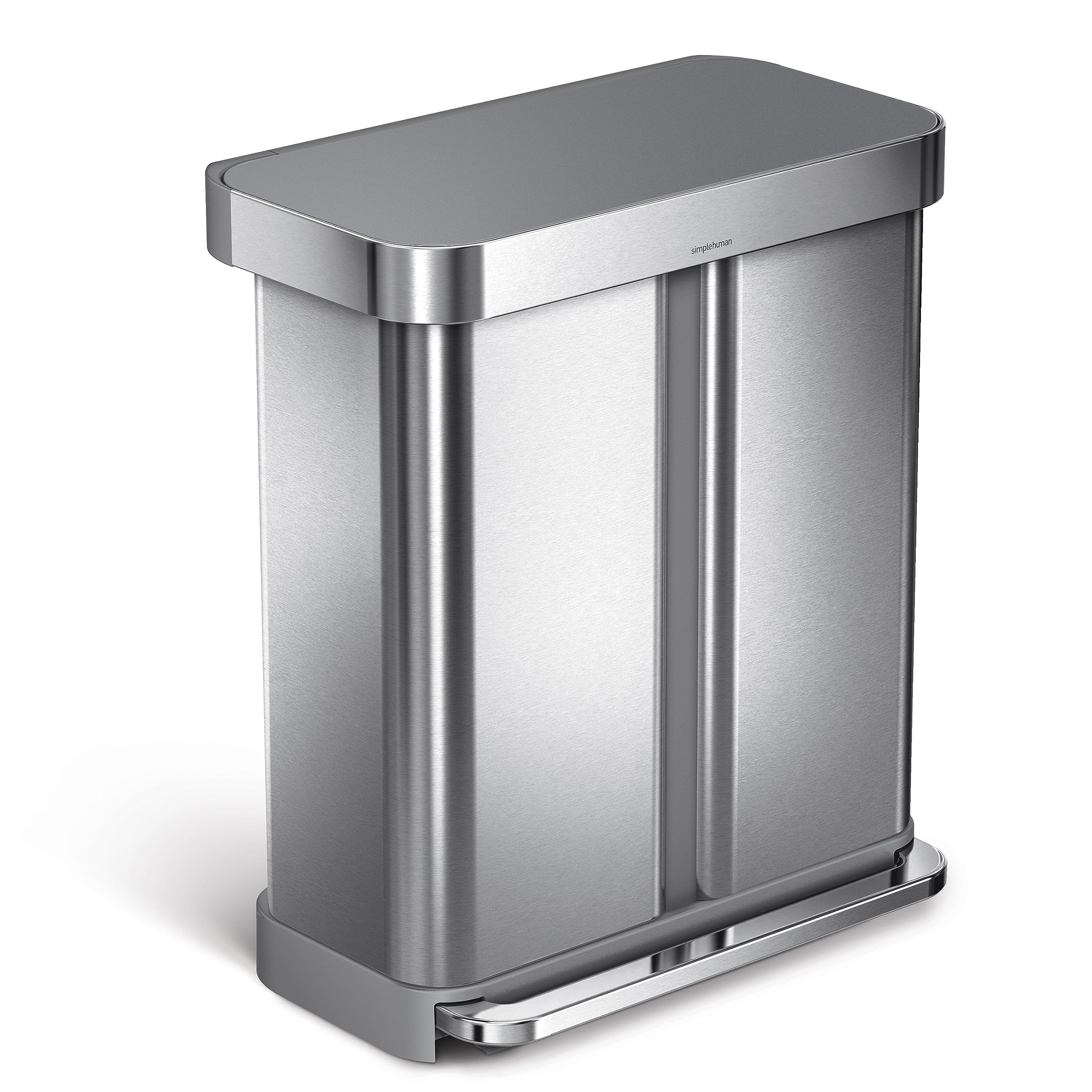 simplehuman 58 Liter / 15.3 Gallon Rectangular Dual Compartment Recycling Step, Brushed Stainless Steel with Soft-Close Plastic Lid Kitchen Trash Can