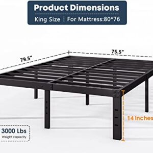 FSCHOS King-Bed-Frame, 14 Inch Metal Platform King Size Bed Frame No Box Spring Needed, Heavy Duty Bed Frame King Easy Assembly, Noise Free, Black