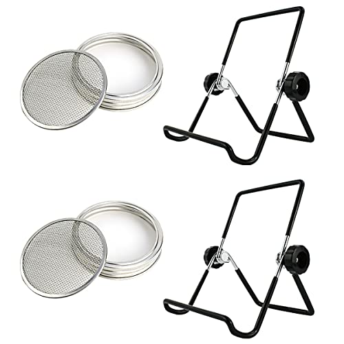 Seed Sprouting Kit, 2 Pack Stainless Steel Sprouting Stands and 2 Pack Mason Jar Sprouting Jar Lids, Sprouting Stands for Wide and Regular Mouth Mason Jars Canning Jars Holder for Growing Organic Sprouts (86 mm)