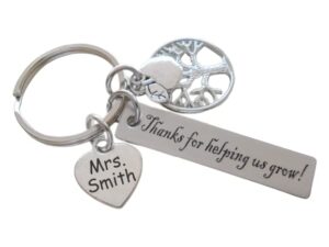 custom engraved teacher keychain with tree & apple charm, and thanks for helping us grow tag; teacher appreciation