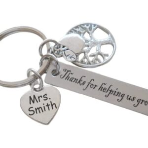 Custom Engraved Teacher Keychain with Tree & Apple Charm, and Thanks for Helping Us Grow Tag; Teacher Appreciation