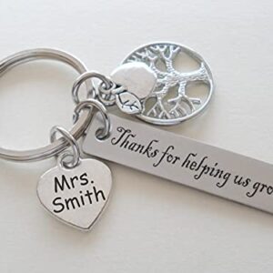 Custom Engraved Teacher Keychain with Tree & Apple Charm, and Thanks for Helping Us Grow Tag; Teacher Appreciation