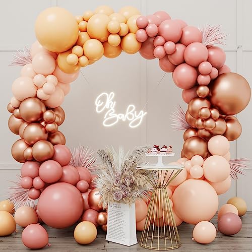 RUBFAC Dusty Pink Boho Blush Balloons Arch Garland Kit, 138pcs Metallic Rose Gold Retro Pink Nude Balloons Garland for Baby Shower, Engagement and Gender Reveal Party Decorations