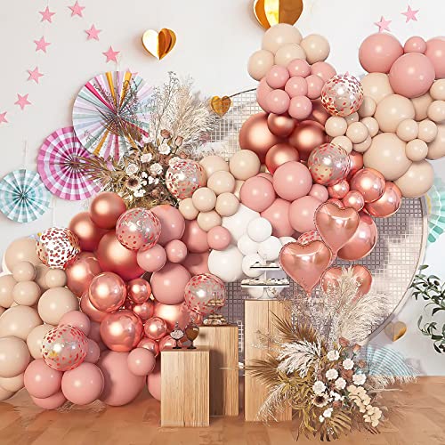 RUBFAC Dusty Pink Boho Blush Balloons Arch Garland Kit, 138pcs Metallic Rose Gold Retro Pink Nude Balloons Garland for Baby Shower, Engagement and Gender Reveal Party Decorations