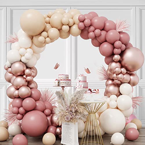 RUBFAC Dusty Pink Boho Blush Balloons Arch Garland Kit, 138pcs Metallic Rose Gold Retro Pink Nude Balloons Garland for Baby Shower, Engagement and Gender Reveal Party Decorations