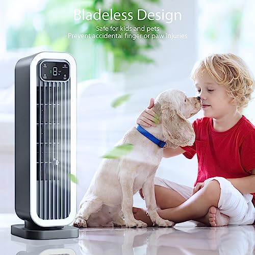 Small Tower Fans Oscillating Whisper Quiet for Home,15 Inch 12000mAh Battery Operated Bladeless Fan for Bedroom,Table Fan with Dimmable Lights, Portable Standing Fan Cooling Fan for Office,Living Room