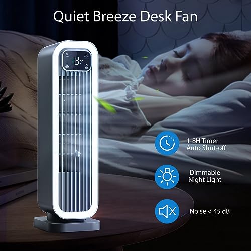 Small Tower Fans Oscillating Whisper Quiet for Home,15 Inch 12000mAh Battery Operated Bladeless Fan for Bedroom,Table Fan with Dimmable Lights, Portable Standing Fan Cooling Fan for Office,Living Room