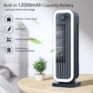 Small Tower Fans Oscillating Whisper Quiet for Home,15 Inch 12000mAh Battery Operated Bladeless Fan for Bedroom,Table Fan with Dimmable Lights, Portable Standing Fan Cooling Fan for Office,Living Room