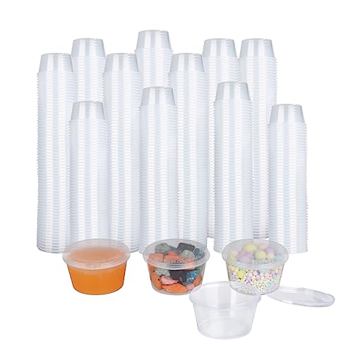 ABuff 200PCS 2 oz Small Plastic Containers with Lids for Food, Jello Shot Cups with Lids, Disposable Portion Cup BPA Free for Sauce, Condiments, Souffle, Salad Dressing, Medicine or Slime