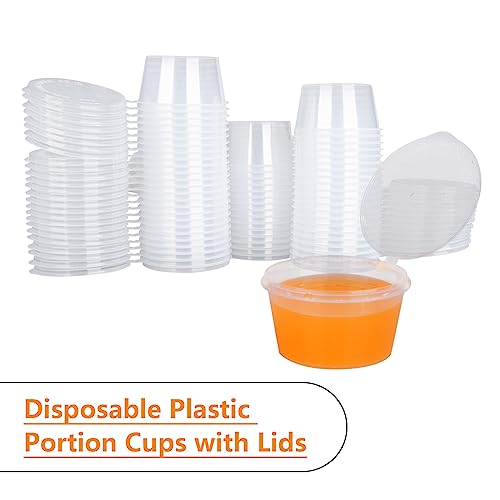 ABuff 200PCS 2 oz Small Plastic Containers with Lids for Food, Jello Shot Cups with Lids, Disposable Portion Cup BPA Free for Sauce, Condiments, Souffle, Salad Dressing, Medicine or Slime