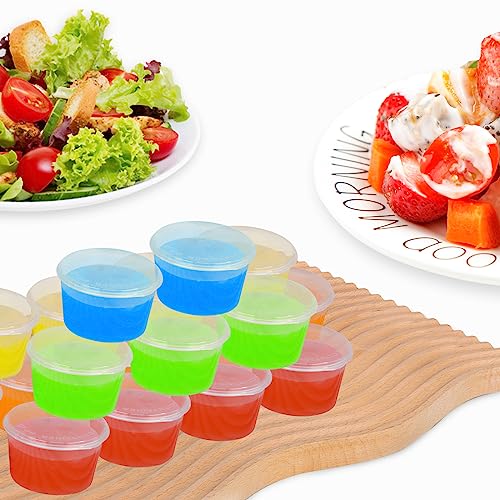 ABuff 200PCS 2 oz Small Plastic Containers with Lids for Food, Jello Shot Cups with Lids, Disposable Portion Cup BPA Free for Sauce, Condiments, Souffle, Salad Dressing, Medicine or Slime