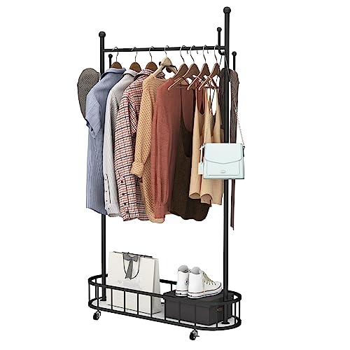 jxgzyy Clothing Rack Metal Garment Rack with Basket Rolling Clothes Rack with Hanging Rod Wardrobe Rack on Wheels Multi-functional Closet Rack for Bedroom Cloakroom Laundry