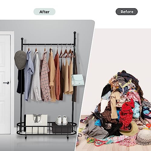 jxgzyy Clothing Rack Metal Garment Rack with Basket Rolling Clothes Rack with Hanging Rod Wardrobe Rack on Wheels Multi-functional Closet Rack for Bedroom Cloakroom Laundry