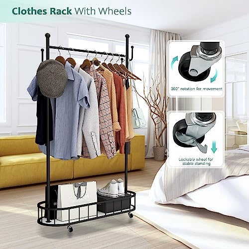 jxgzyy Clothing Rack Metal Garment Rack with Basket Rolling Clothes Rack with Hanging Rod Wardrobe Rack on Wheels Multi-functional Closet Rack for Bedroom Cloakroom Laundry