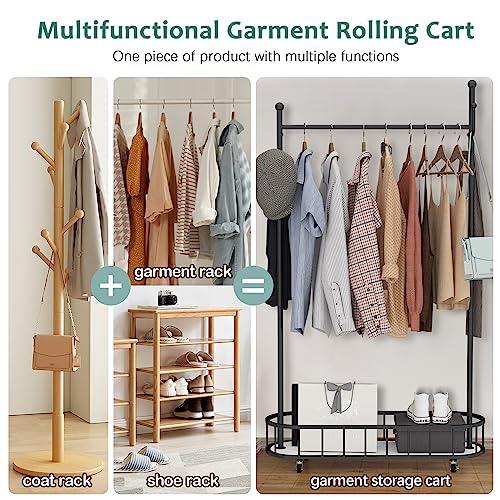 jxgzyy Clothing Rack Metal Garment Rack with Basket Rolling Clothes Rack with Hanging Rod Wardrobe Rack on Wheels Multi-functional Closet Rack for Bedroom Cloakroom Laundry