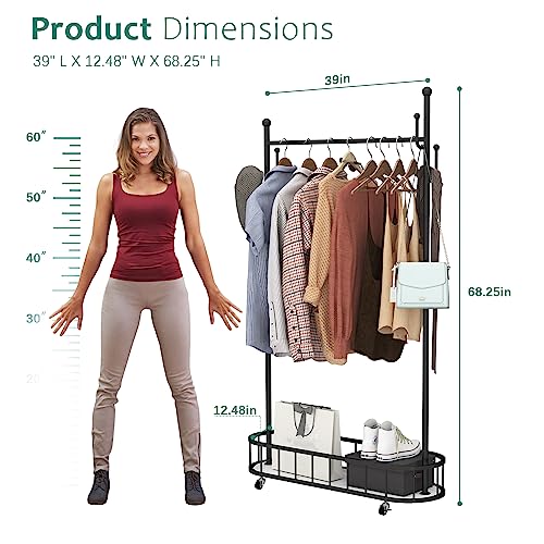 jxgzyy Clothing Rack Metal Garment Rack with Basket Rolling Clothes Rack with Hanging Rod Wardrobe Rack on Wheels Multi-functional Closet Rack for Bedroom Cloakroom Laundry