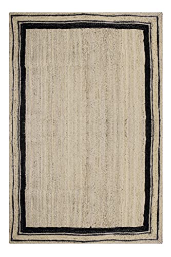 Casavani Indian Hand Braided Rag Rug Geometric Beige & Black Jute Area Rug Hallway Enterway Rugs For Farmhouse,Bedroom,Dining Room & Kitchen 4x6 6x8 4x10 Feet Runner