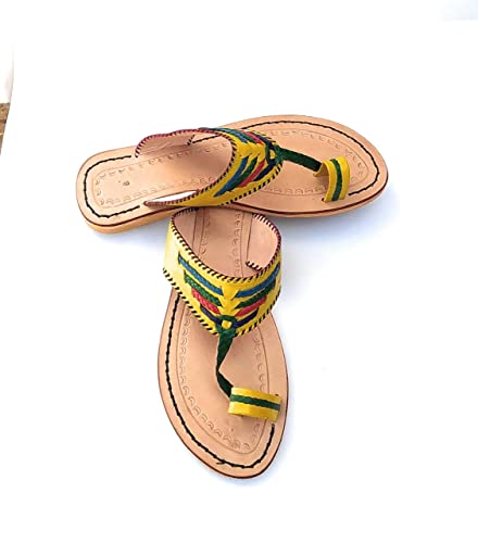 Cowhide Shoes Men Jesus Sandals Unisex Hippie Shoes Brown Leather Moroccan Sandals Men Bohemian Shoes Hawaiian Sandals (XL, yellow)