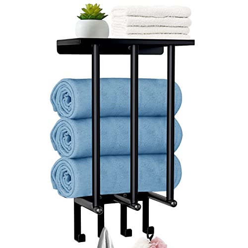 Bathroom Towel Rack with 4 Hooks - Wall Mount Towel Holder for Bathroom with Metal Shelf, Ideal Bathroom Storage Organizer and Decor（Black）