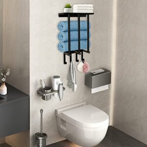 Bathroom Towel Rack with 4 Hooks - Wall Mount Towel Holder for Bathroom with Metal Shelf, Ideal Bathroom Storage Organizer and Decor（Black）