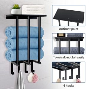 Bathroom Towel Rack with 4 Hooks - Wall Mount Towel Holder for Bathroom with Metal Shelf, Ideal Bathroom Storage Organizer and Decor（Black）