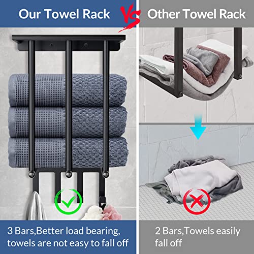 Bathroom Towel Rack with 4 Hooks - Wall Mount Towel Holder for Bathroom with Metal Shelf, Ideal Bathroom Storage Organizer and Decor（Black）