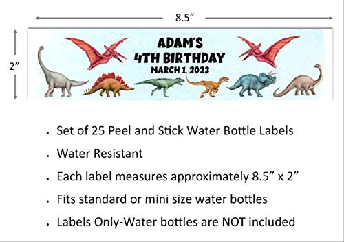 Dinosaur Party Favors for Boys Birthday, Personalized Water Bottle Labels, Pack of 25 Peel and Stick Waterproof Wrappers