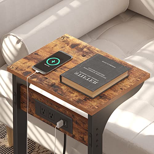 TUTOTAK C Shaped End Table with Charging Station, Tv Tray Table with 2 USB Ports and Outlets, Couch Table, Snack Table, Sofa Side Table for Small Spaces, Living Room, Bedroom TB01BB044