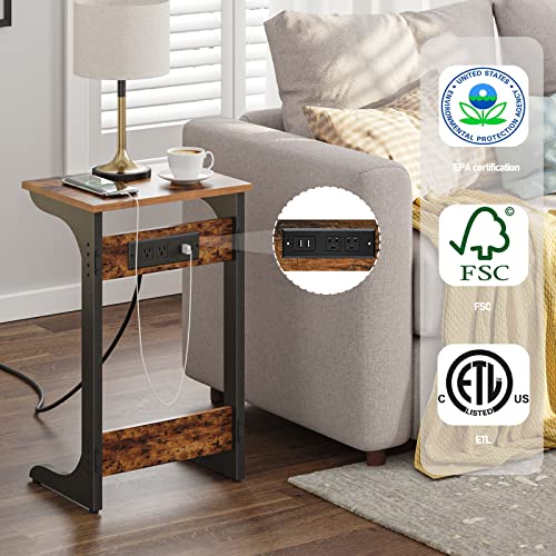 TUTOTAK C Shaped End Table with Charging Station, Tv Tray Table with 2 USB Ports and Outlets, Couch Table, Snack Table, Sofa Side Table for Small Spaces, Living Room, Bedroom TB01BB044