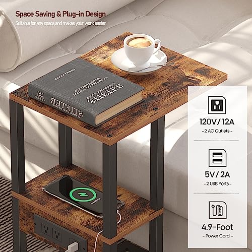 TUTOTAK C Shaped End Table with Charging Station, Side Table with 2 USB Ports and Outlets, Snack Table for Couch and Bed, Small Sofa Table for Small Spaces, Living Room, Bedroom TB01BB043