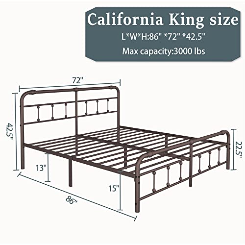 Yalemoll California-King-Bed-Frame and-Headboard - 15 Inch High Metal Platform,No Box Spring Needed,Easy Assembly(Brown)