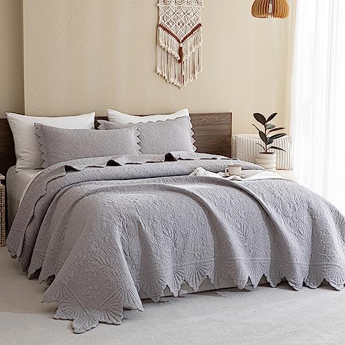 CozyTide Grey King Size Quilt Bedding Sets(110"x98"),Cotton Bedspreads Coverlet King Size 3pcs (1 Elegant Scalloped Edge Gray Quilt and 2 Pillow Shams) Farmhouse Cotton Quilts California King Summer