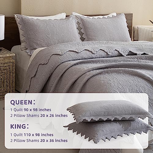 CozyTide Grey King Size Quilt Bedding Sets(110"x98"),Cotton Bedspreads Coverlet King Size 3pcs (1 Elegant Scalloped Edge Gray Quilt and 2 Pillow Shams) Farmhouse Cotton Quilts California King Summer