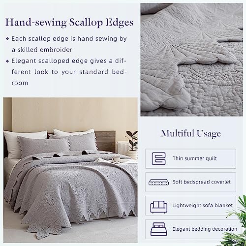 CozyTide Grey King Size Quilt Bedding Sets(110"x98"),Cotton Bedspreads Coverlet King Size 3pcs (1 Elegant Scalloped Edge Gray Quilt and 2 Pillow Shams) Farmhouse Cotton Quilts California King Summer